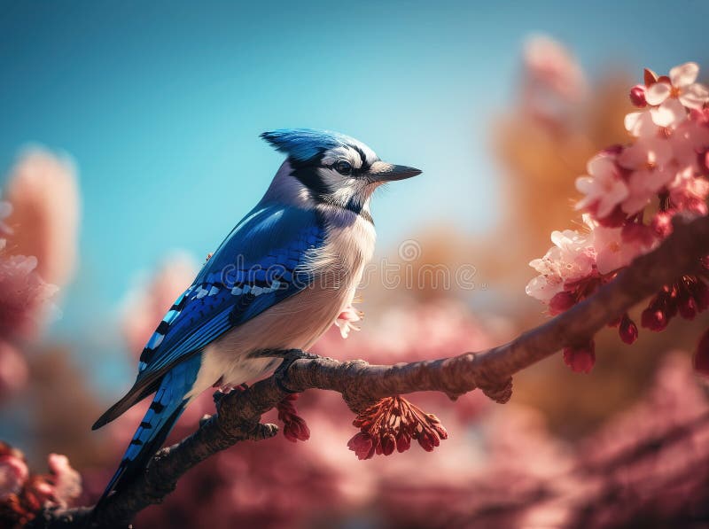 Blue Jay Bird Perching on a Cherry Tree. AI Generated Illustration ...