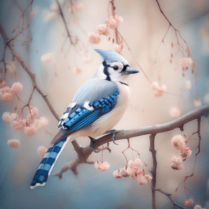 Blue Jay Bird on Tree Branch with Pink Flowers, AI Stock Photo - Image ...