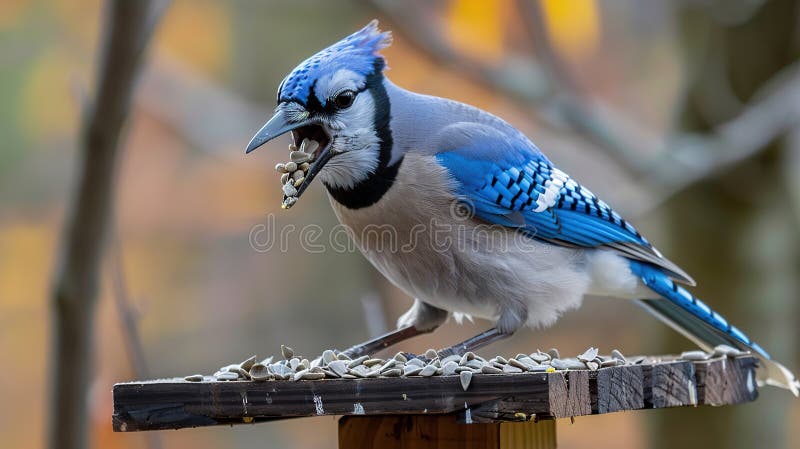 Blue Jay Eating Seeds on a Wooden Platform Stock Illustration ...