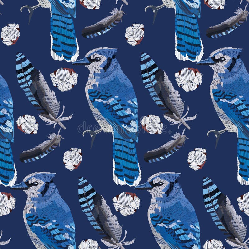 Blue Jay and Feathers Seamless Pattern. Embroidery Style. Print for ...