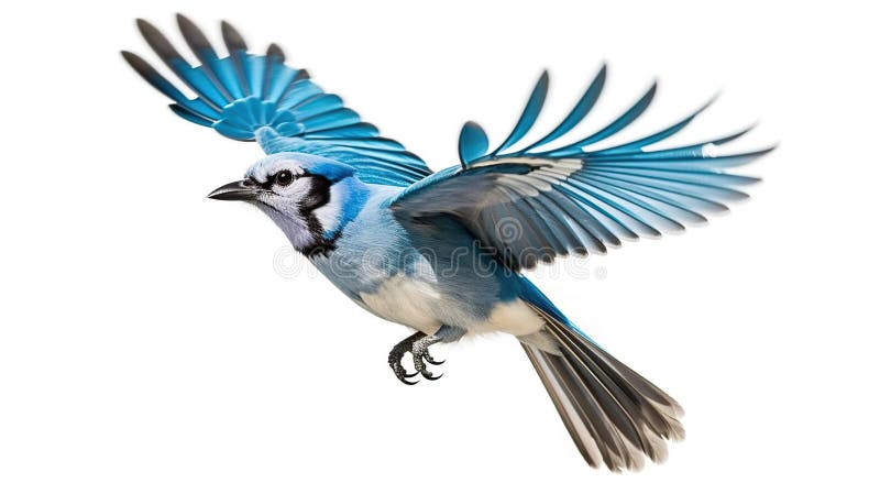 A Blue Jay in Flight with Its Wings Spread Wide, Isolated on a White ...