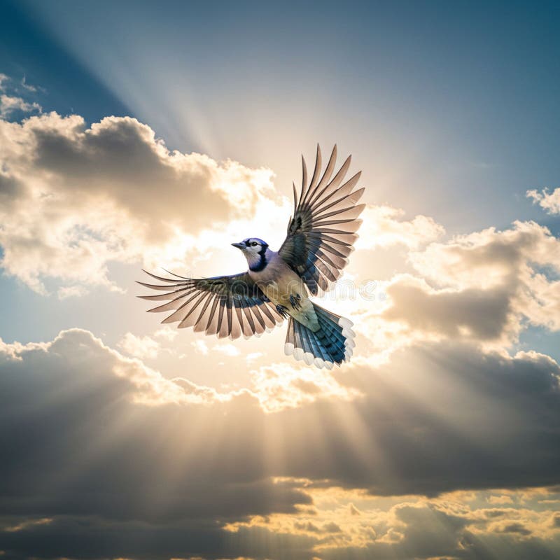 A Blue Jay is Mid-flight Against a Dramatic Sky. the Bird S Wings are ...