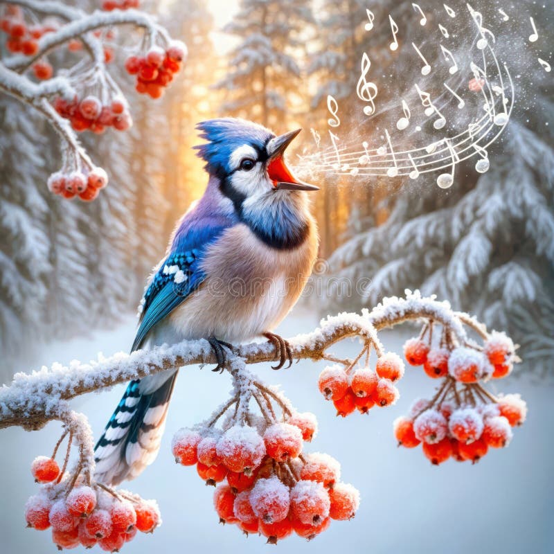 Blue Jay Singing on a Winter Berry Branch Stock Illustration ...