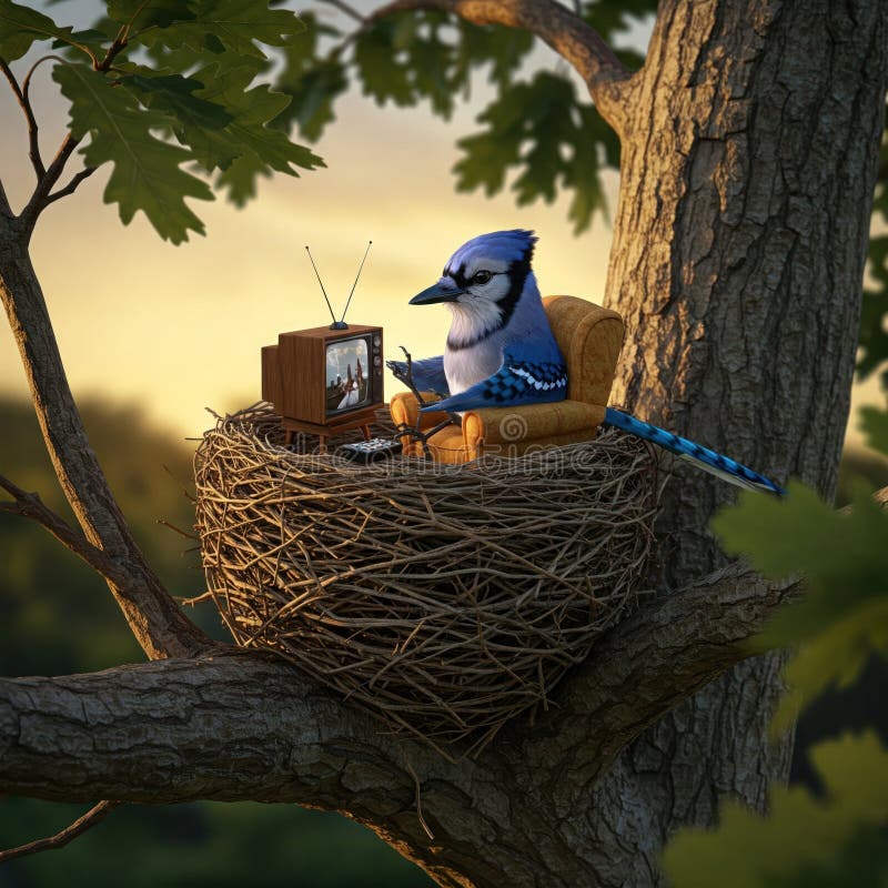 A Blue Jay is Resting in a Chair and Watching TV in a Nest in a Tree ...