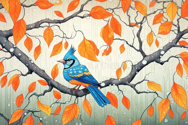 Blue Jay Sheltering from the Rain Under a Tree with Bright Orange ...
