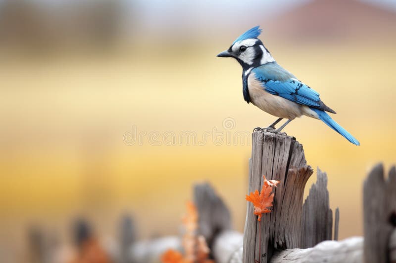 Blue Jay Sitting on a Fence Post with Fall Colors in the Field Stock ...
