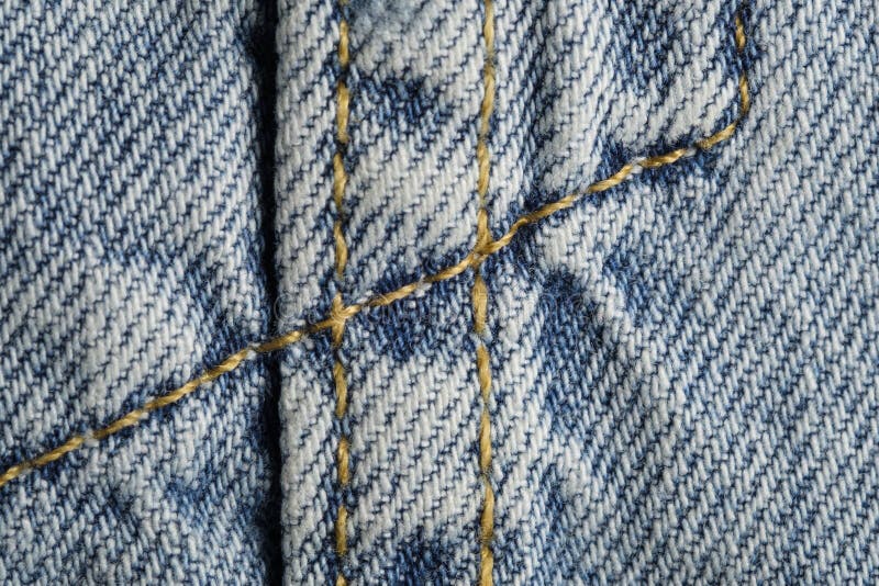 Blue Jeans Fabric Macro Seam Pattern Blurred Background. Denim ...