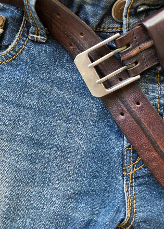 Blue Jeans with Leather Belt Stock Image - Image of cotton, casual ...