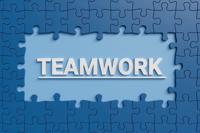 Blue Jigsaw with Teamwork Text on Blue Background Stock Illustration ...