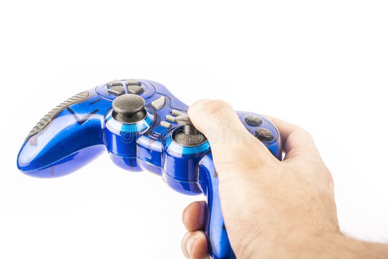 Blue Joystick in Hand Isolate Stock Photo - Image of console ...