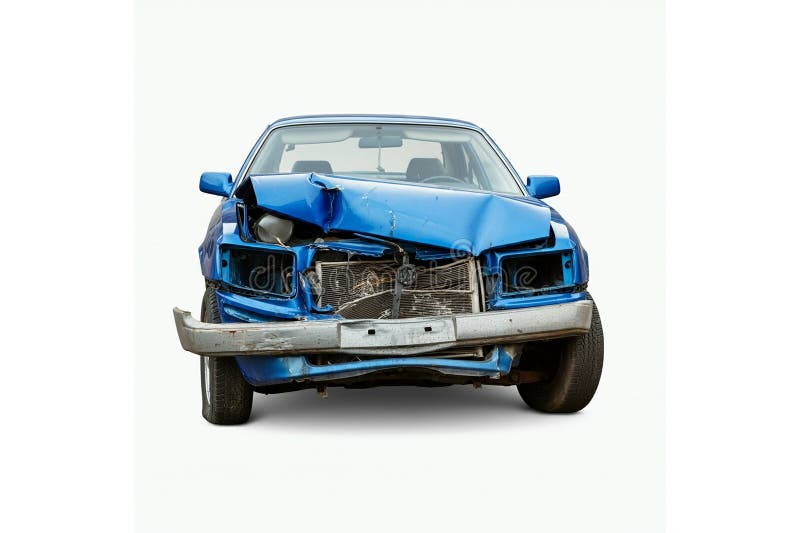 Blue Junk Car with Frontal Damage Isolated on a White Background Stock ...