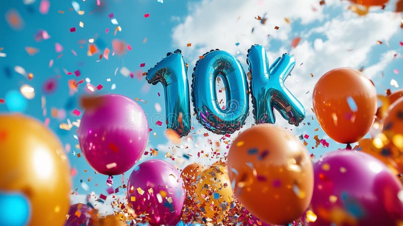 Blue 10K Balloon Surrounded by Pink and Orange Balloons with Confetti ...