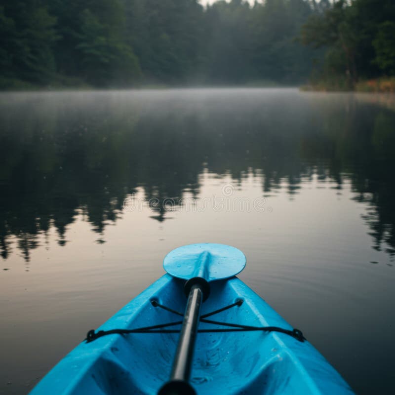 Blue Kayak on Misty Lake at Sunrise Stock Image - Image of relaxing ...