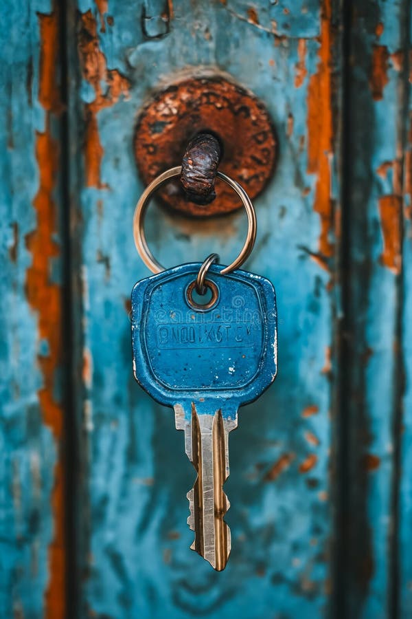 A Blue Key Hanging from a Rusty Metal Door Handle. Generative AI Stock ...