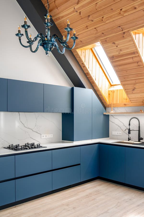 Blue Kitchen Fronts. Glass Chandelier. Attic Light Stock Image - Image ...