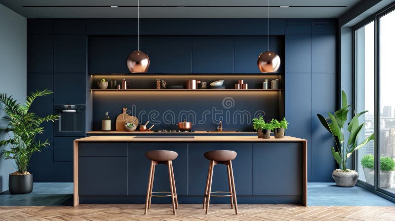 Blue Kitchen Interior Design Rendering Stock Illustration ...
