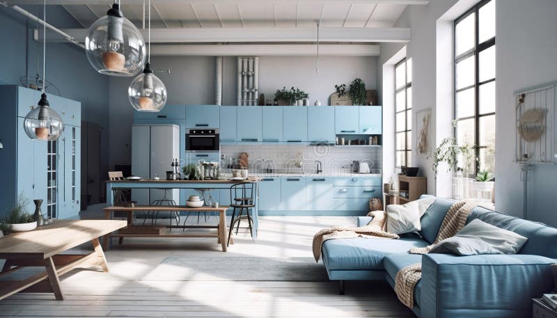 Blue Kitchen in Loft. Interior Design of Modern Living Room Stock ...