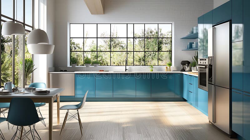 A Blue Kitchen with a Window and a Refrigerator Stock Photo - Image of ...