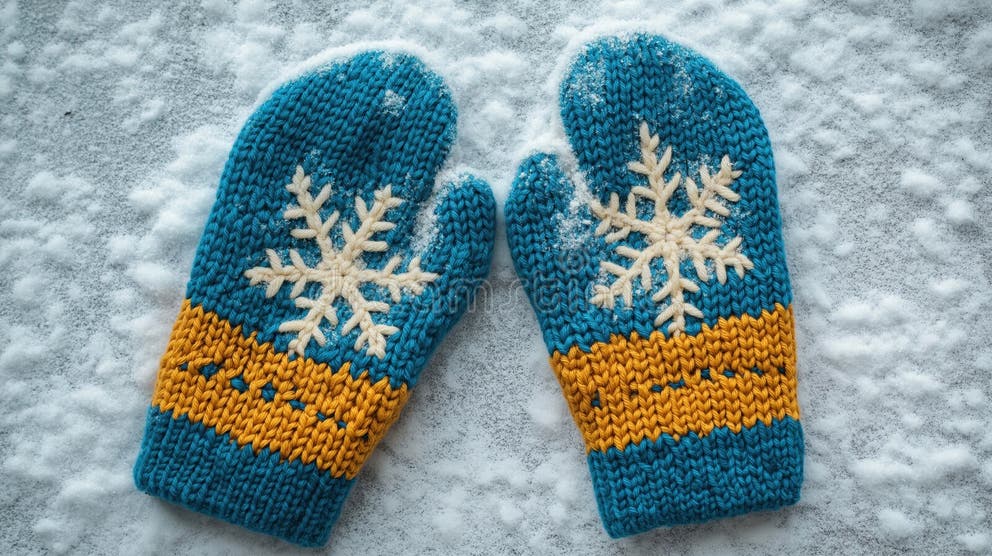 Blue Knitted Mittens with Snowflake Pattern on Fresh Snow Surface Stock ...