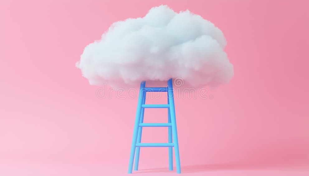 Blue Ladder Positioned Under a White Fluffy Cloud Stock Image - Image ...