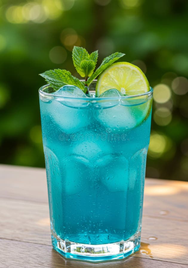Blue Lagoon Cocktail with Lime and Mint on Wooden Table Stock ...