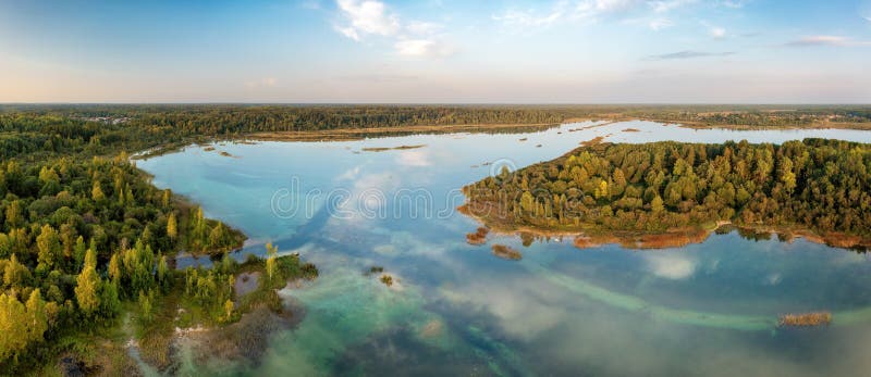 Blue Lake with Bright Blue Water and Clouds Reflection Aerial Panoramic ...
