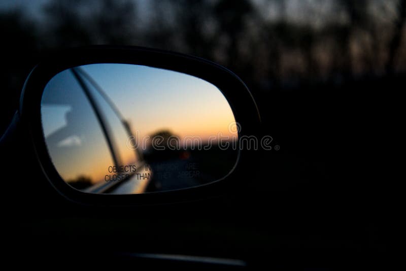 Blue Landscape Sunset Reflect in Mirror of Car Stock Photo - Image of ...