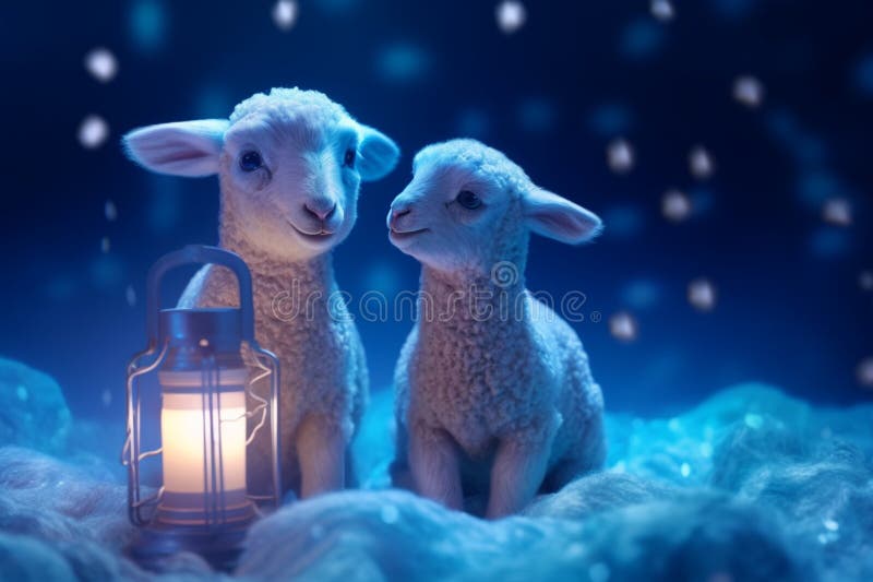 Blue Lantern Casts Celestial Glow on Two Adorable Lambs Stock ...