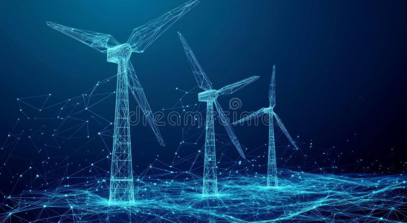 Blue Laptop with Wind Turbines. Renewable Energy Concept. Low Poly ...