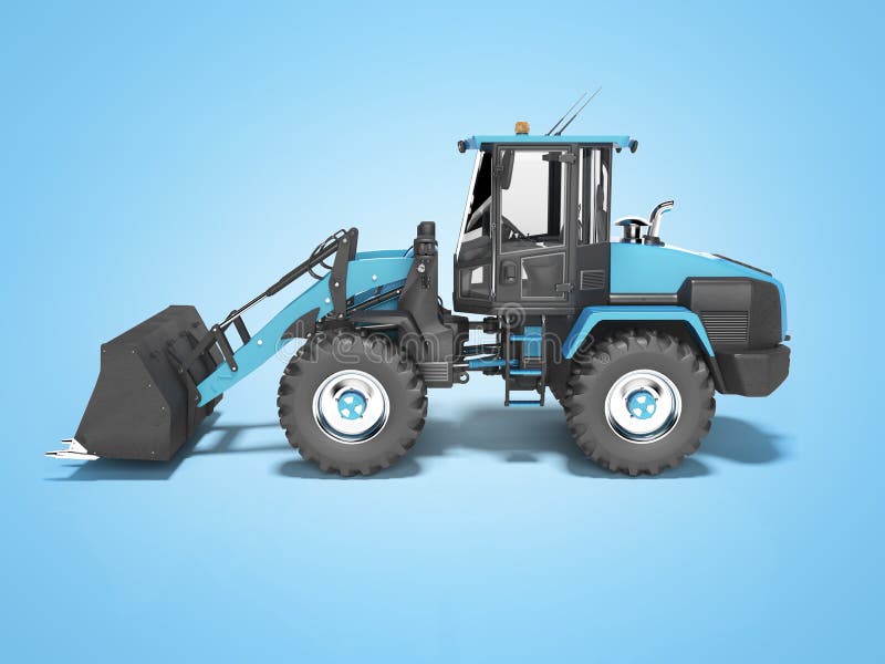 Blue Large Road Frontal Loader Side View 3D Rendering on Gray ...
