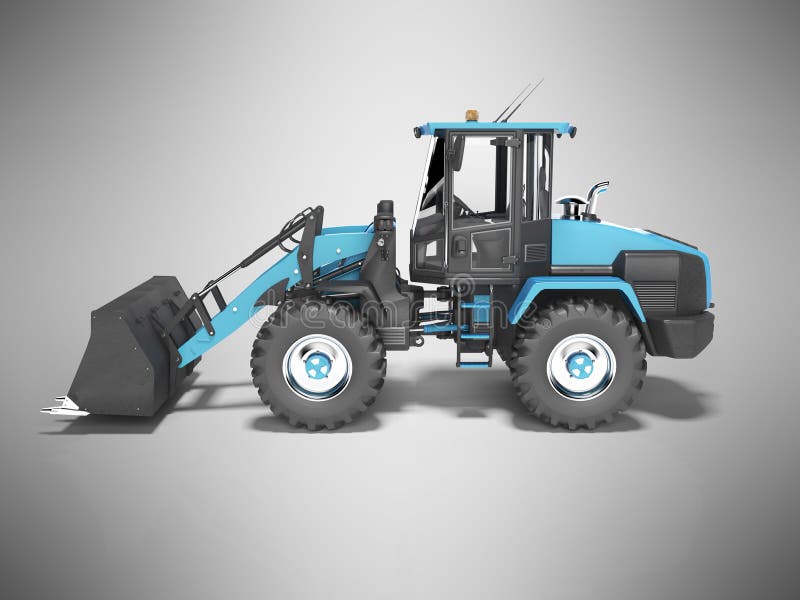 Blue Large Road Frontal Loader Side View 3D Rendering on Gray ...