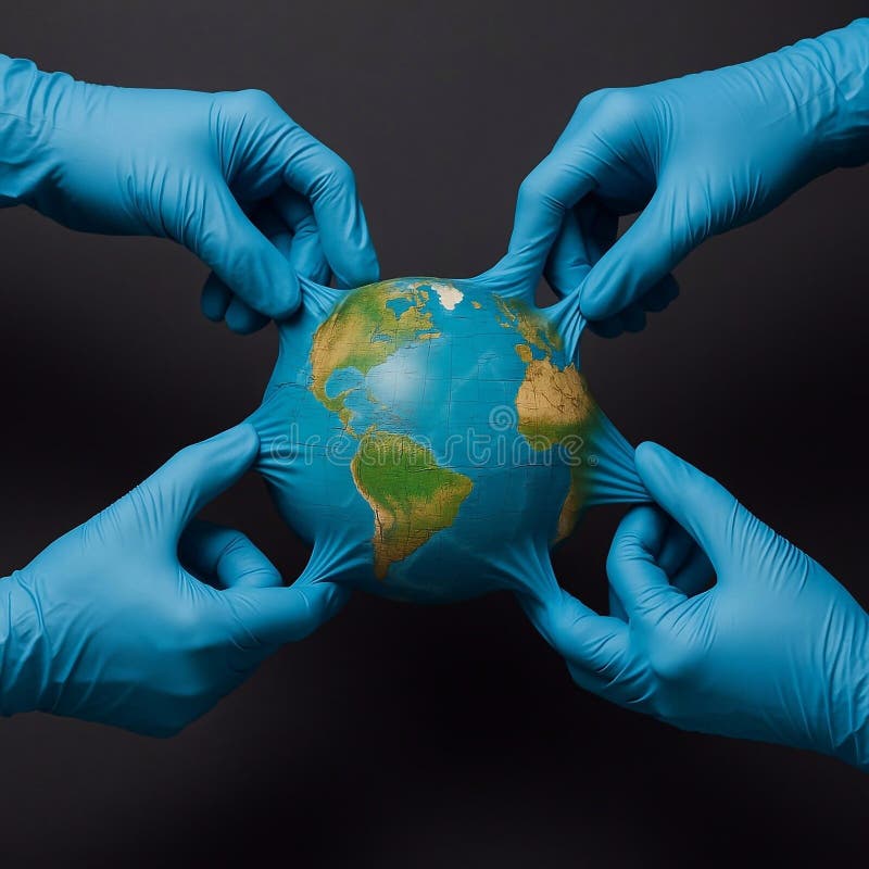The Globe is in the Center, and Around it - Hands in Latex Gloves Pull ...