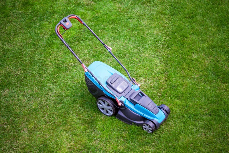 Blue Lawn Mower on Green Grass Cut the Grass Stock Image - Image of ...