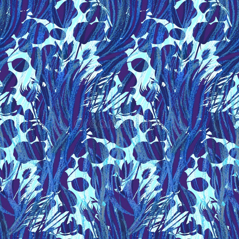 Blue Layered Seamless Pattern with Botanical Silhouettes of Herbs and ...