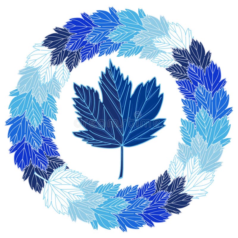 Blue Leaf in a Winter Round Frame of Blue Maple Leaves. Stock ...