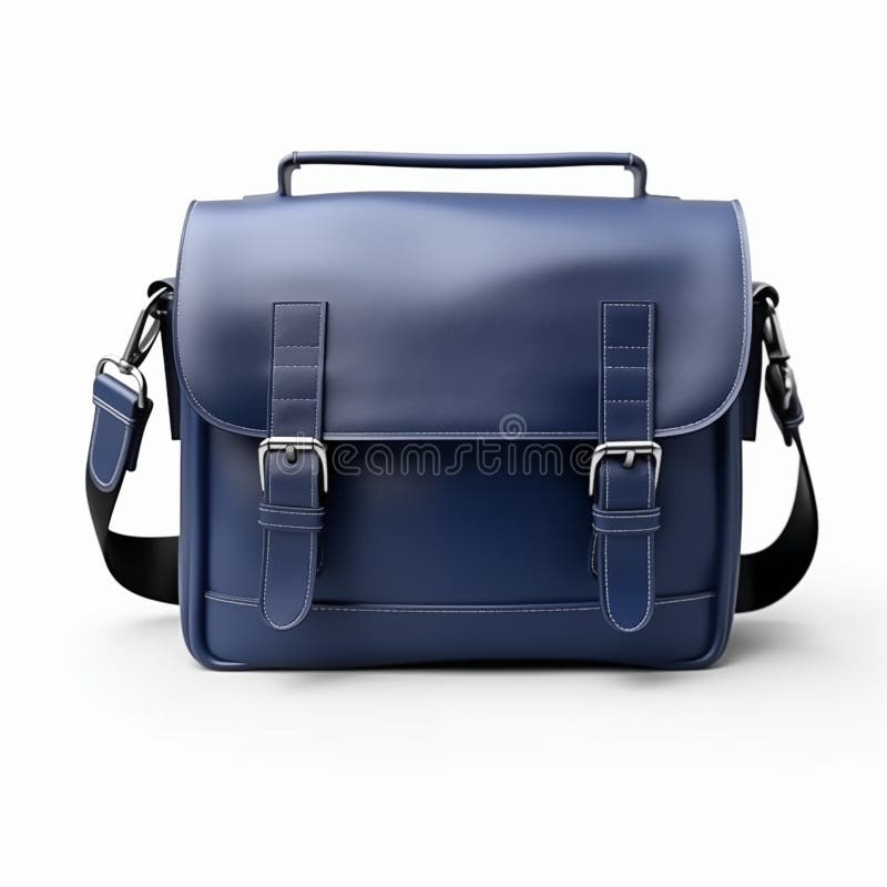 Blue Leather Messenger Bag with Buckles Isolated on White Background ...