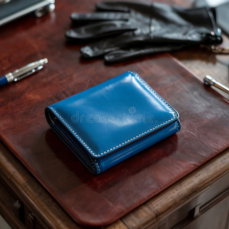 Blue Leather Wallet on Desk with Pen and Gloves Stock Illustration ...