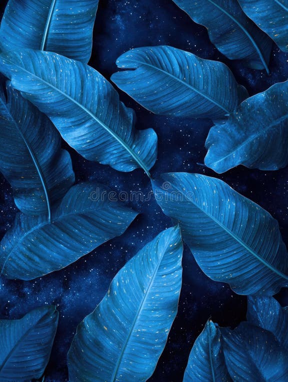 Blue Leaves Against a Starry Sky Backdrop Stock Image - Image of ...