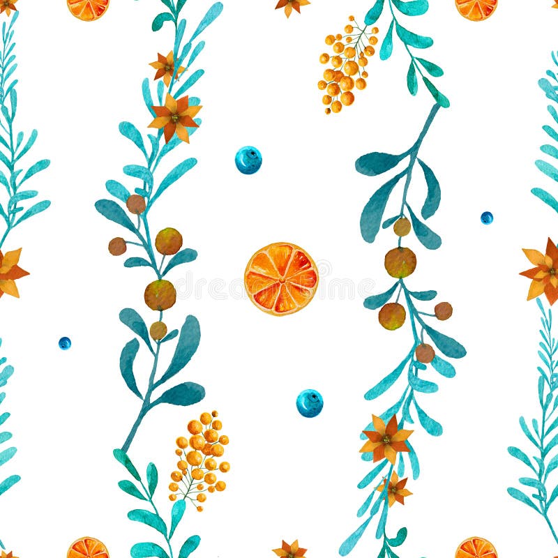 Blue Leaves with Berries Seamless Pattern Background. Stock ...