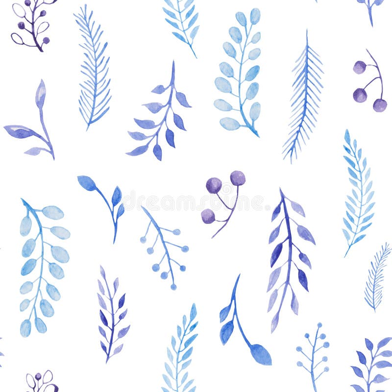 Blue Leaves Pattern.Watercolor Seamless Pattern with Branch and Leaf ...