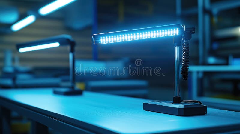 Blue LED Industrial Lamps on a Factory Workbench Stock Photo - Image of ...
