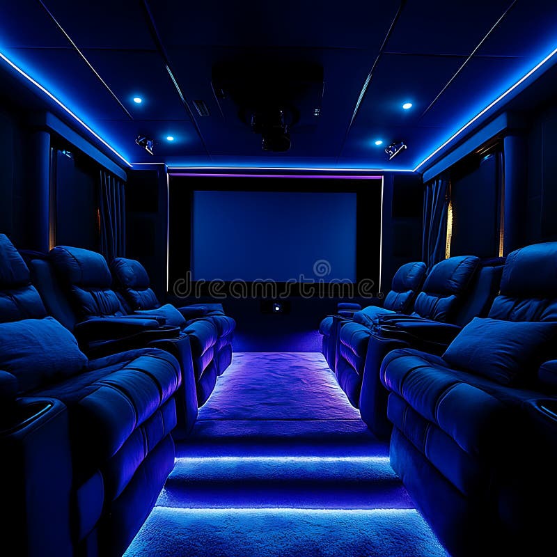 Blue LED Lighting in a Modern Home Theater Stock Illustration ...