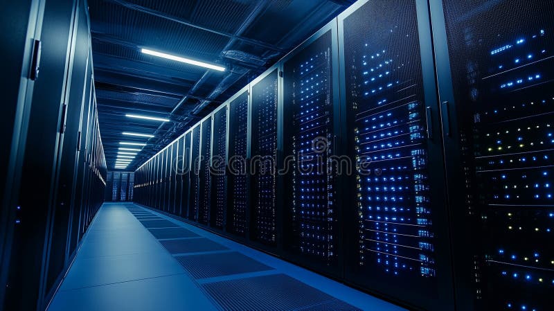 Blue LED Server Room with Modern Industrial Ceiling Lighting Stock ...