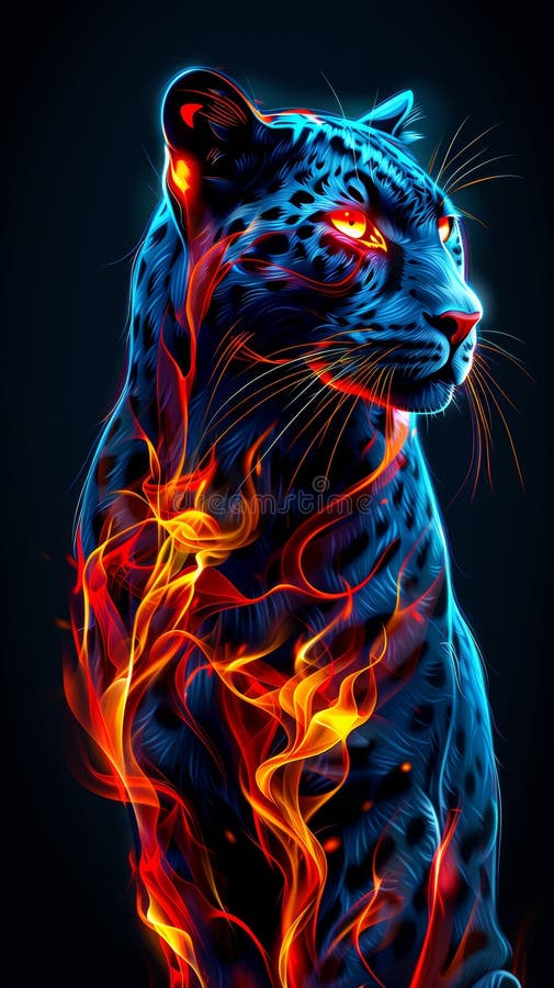 A Blue Leopard with Flames on Its Face, a Magical Creature Made of Fire ...