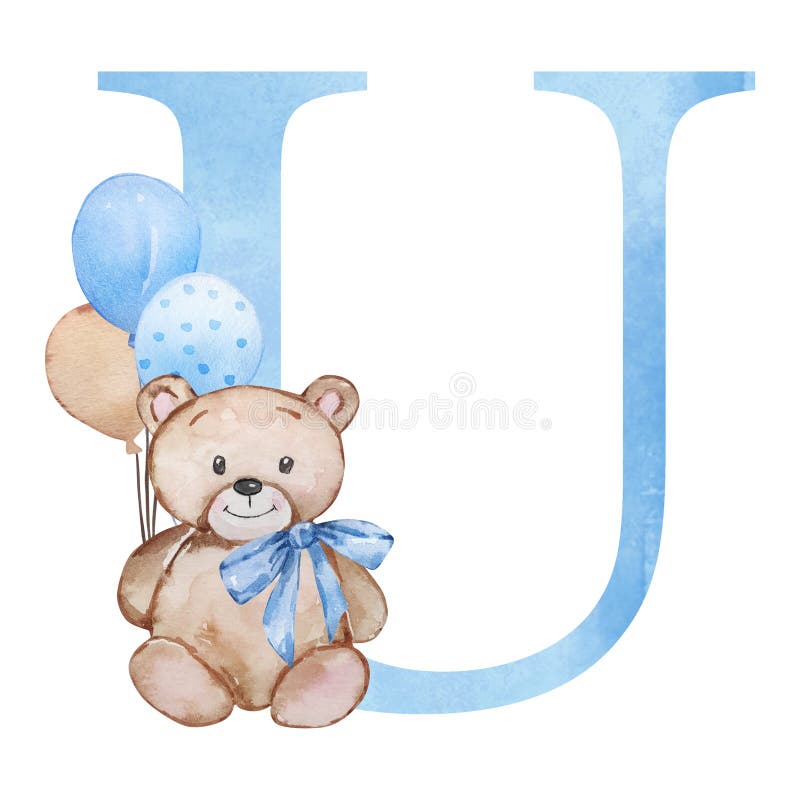 Blue Letter U with Watercolor Teddy Bear Stock Illustration ...