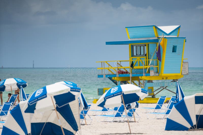 Blue Lifeguard Tower on Miami Beach FL Editorial Stock Photo - Image of ...