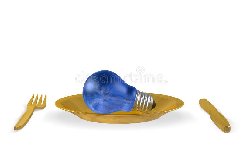 Blue Light Bulb with Sky Reflection in it, Golden Plate, Fork and Knife ...