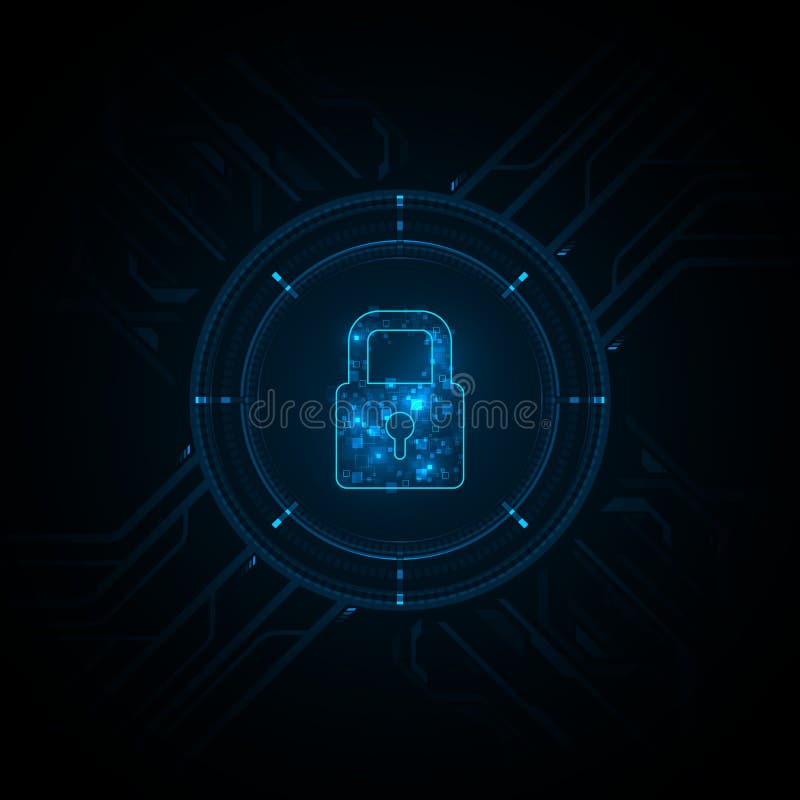 Blue Light Data Lock Icon and Circle HUD Digital Screen on Dark ...