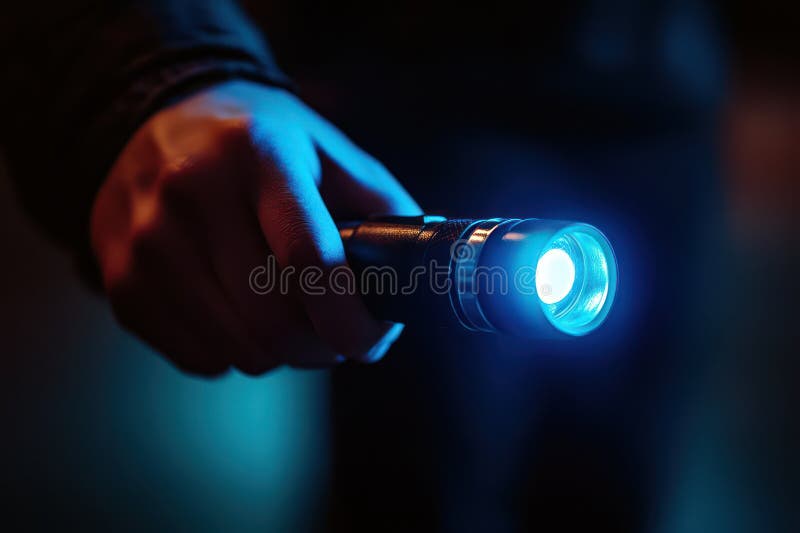 Blue Light Flashlight in Hands Against Black Background Stock Photo ...
