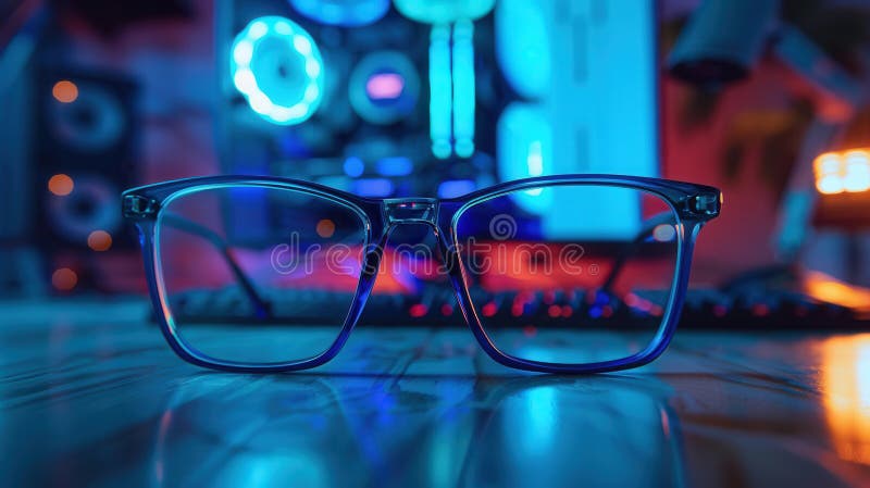 Blue Light Glasses Rest on a Desk in Front of a Computer Monitor ...